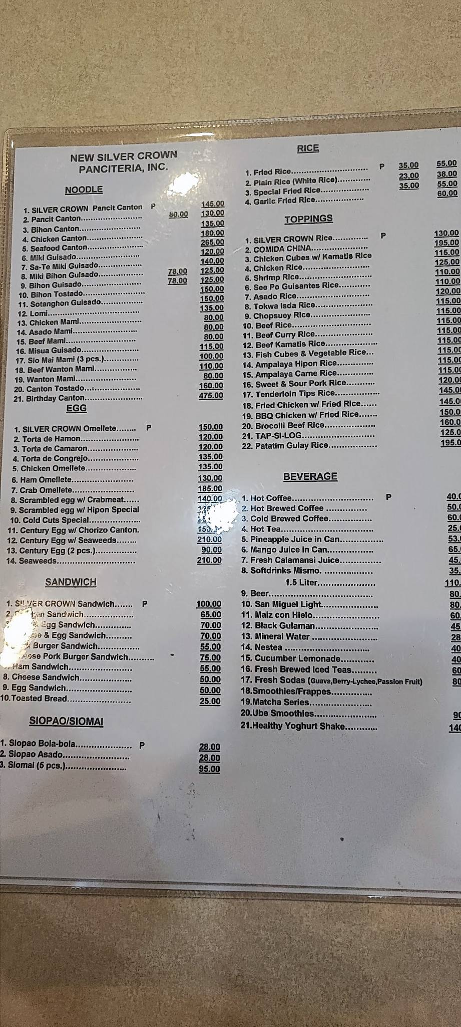 Menu at New Silver Crown Panciteria, Inc. restaurant, Caloocan