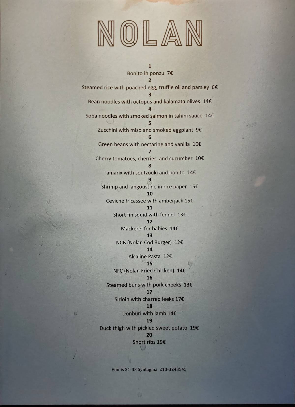 Menu at Nolan, Athens