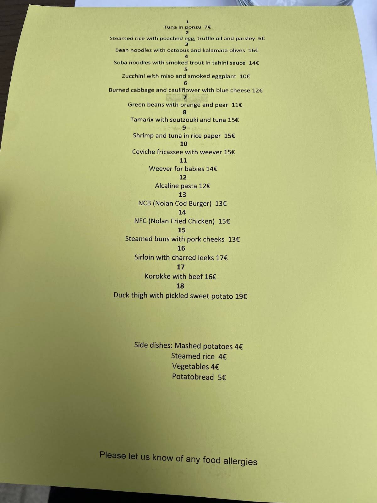 Menu at Nolan, Athens