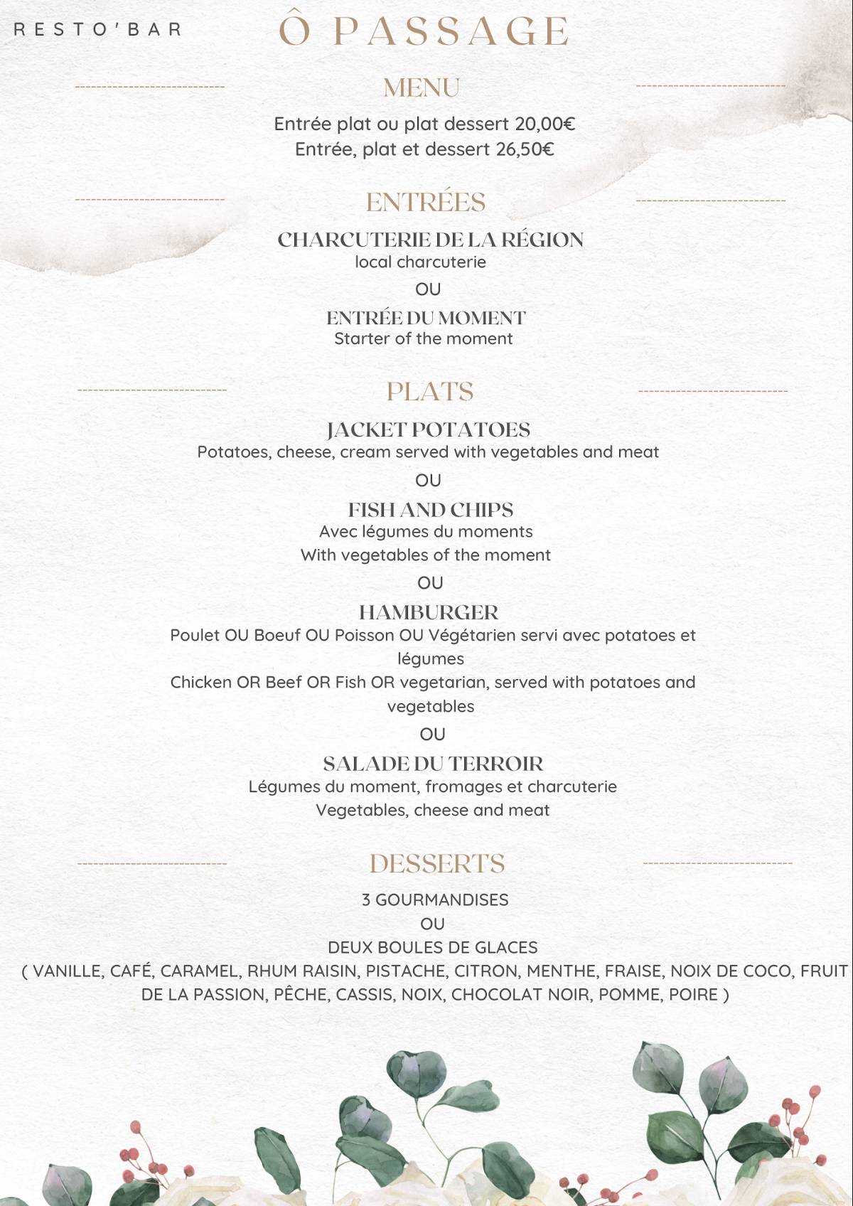 Menu au ô Passage restaurant, Saint-Léonard-des-Bois