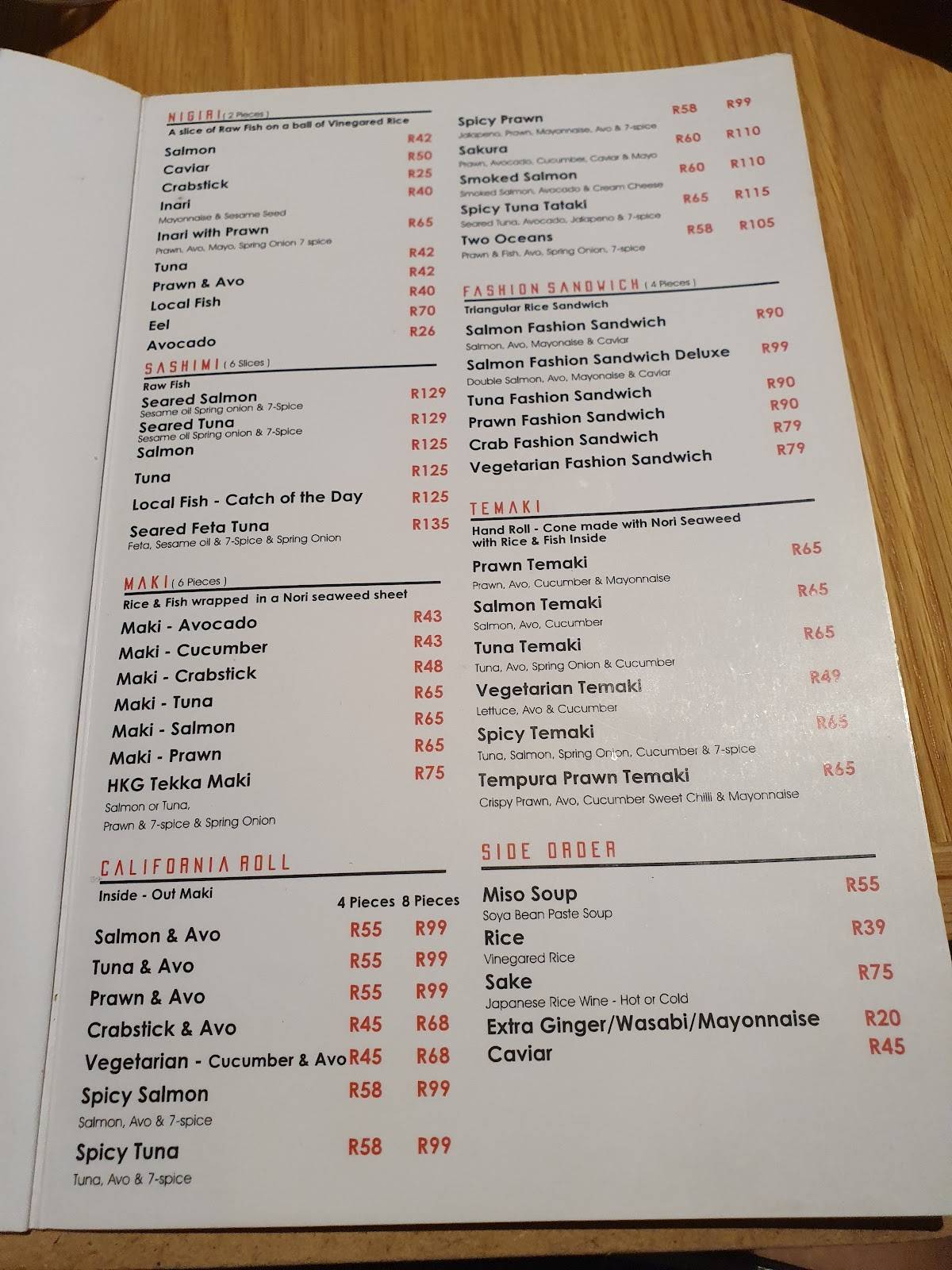 Menu at Oceans 8 Seafood & Sushi Somerset West restaurant, Cape Town
