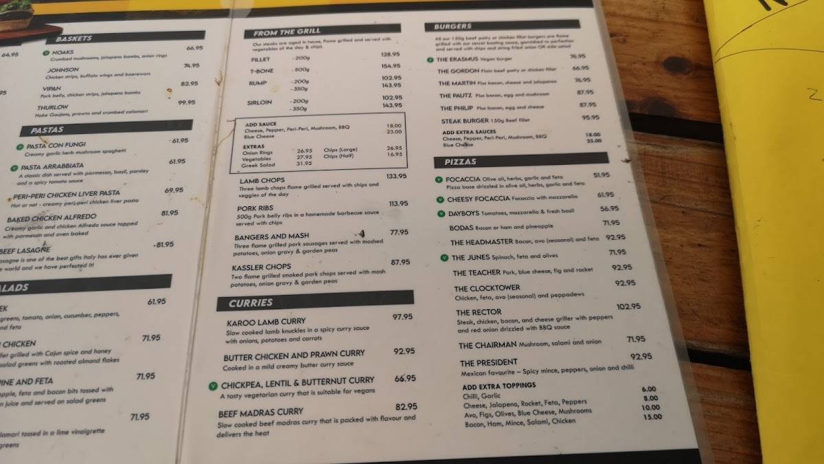 Menu at Old Grey Club, Port Elizabeth