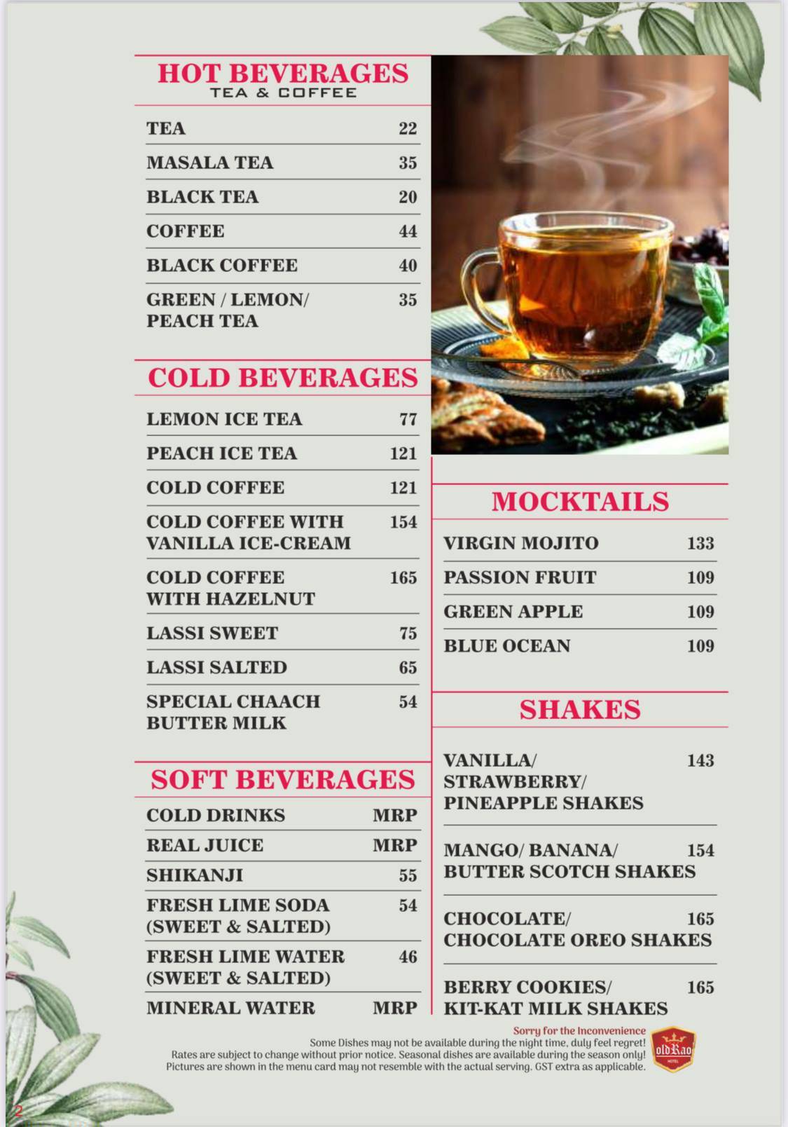 Menu at Old Rao Hotel, Sidhrawali, NH 8