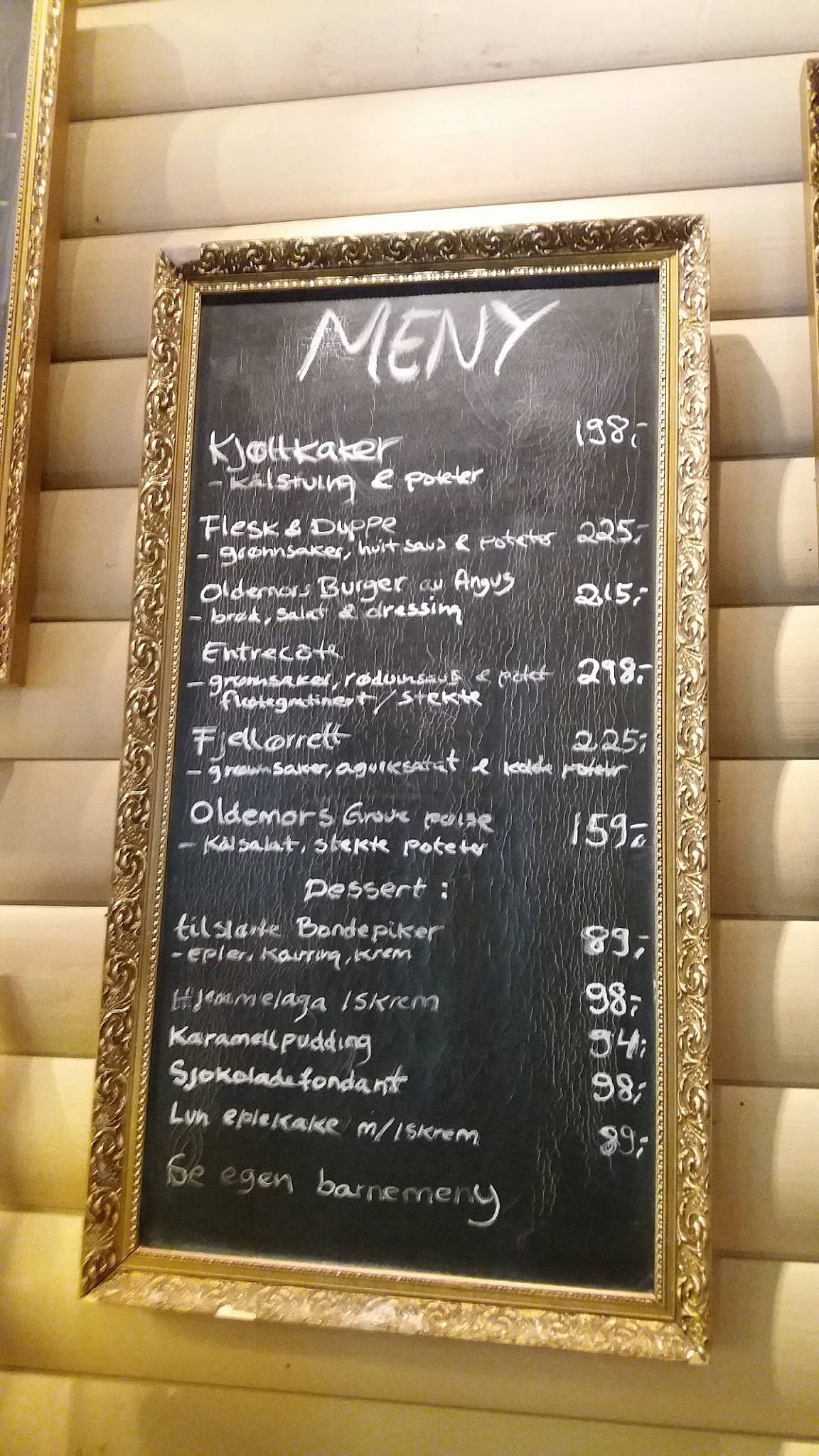 Menu at Oldemors Karjol restaurant, Norway