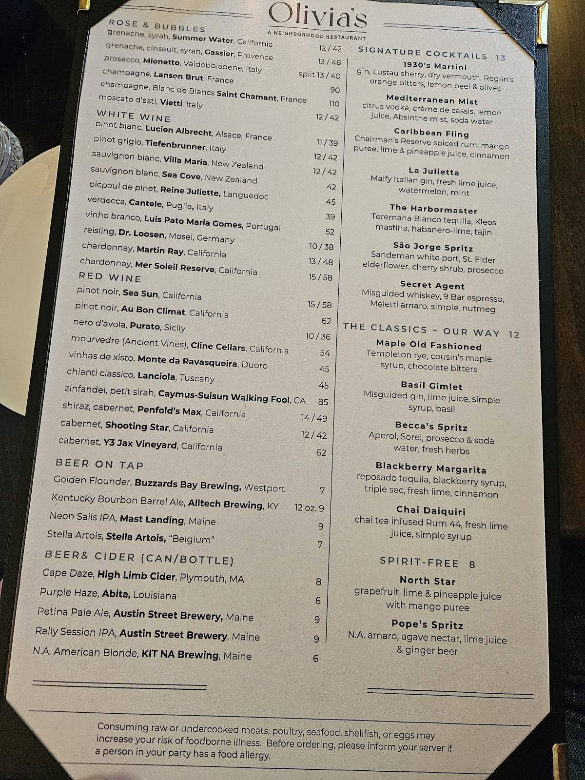 Menu at Olivia's Restaurant - Fairhaven, Fairhaven