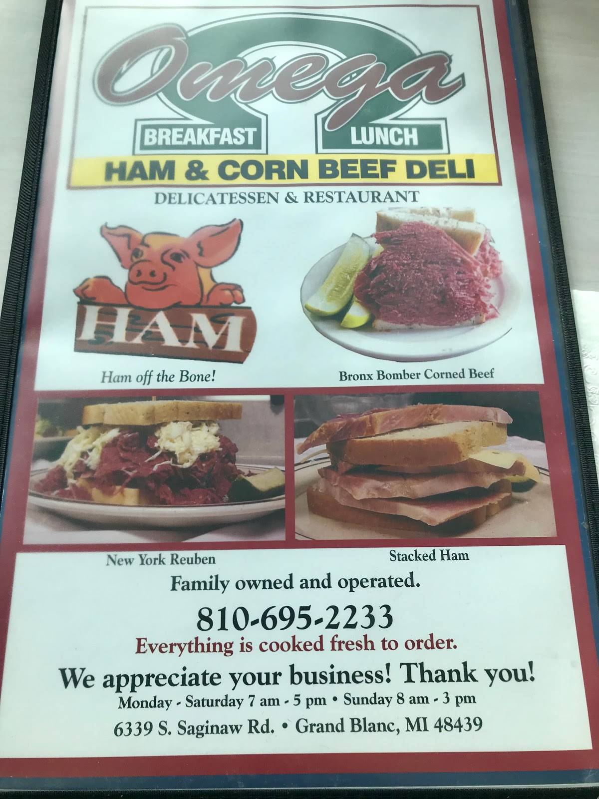 Menu at Omega Ham & Corn Beef Deli restaurant, Grand Blanc