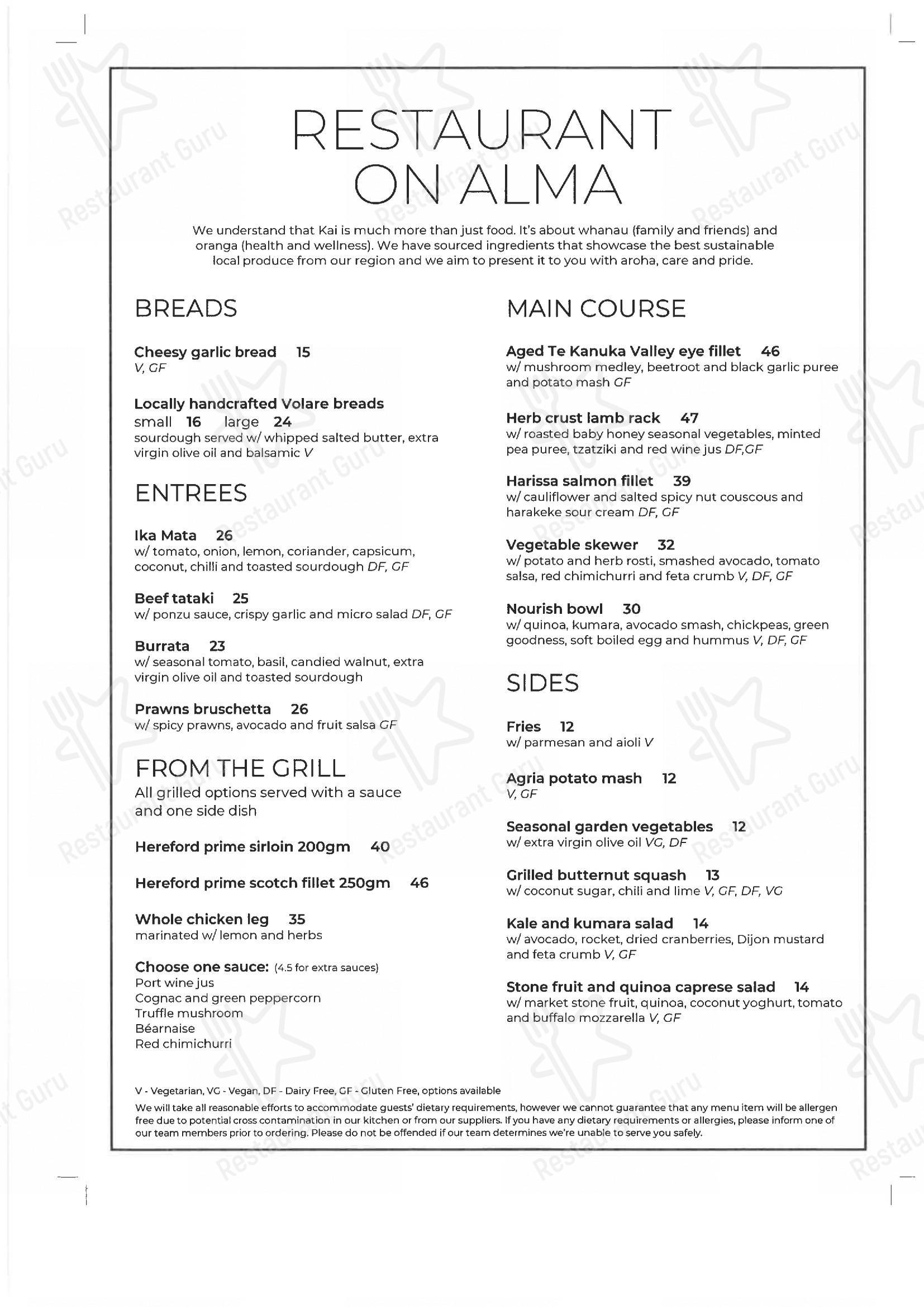 Menu at Restaurant On Alma, Hamilton