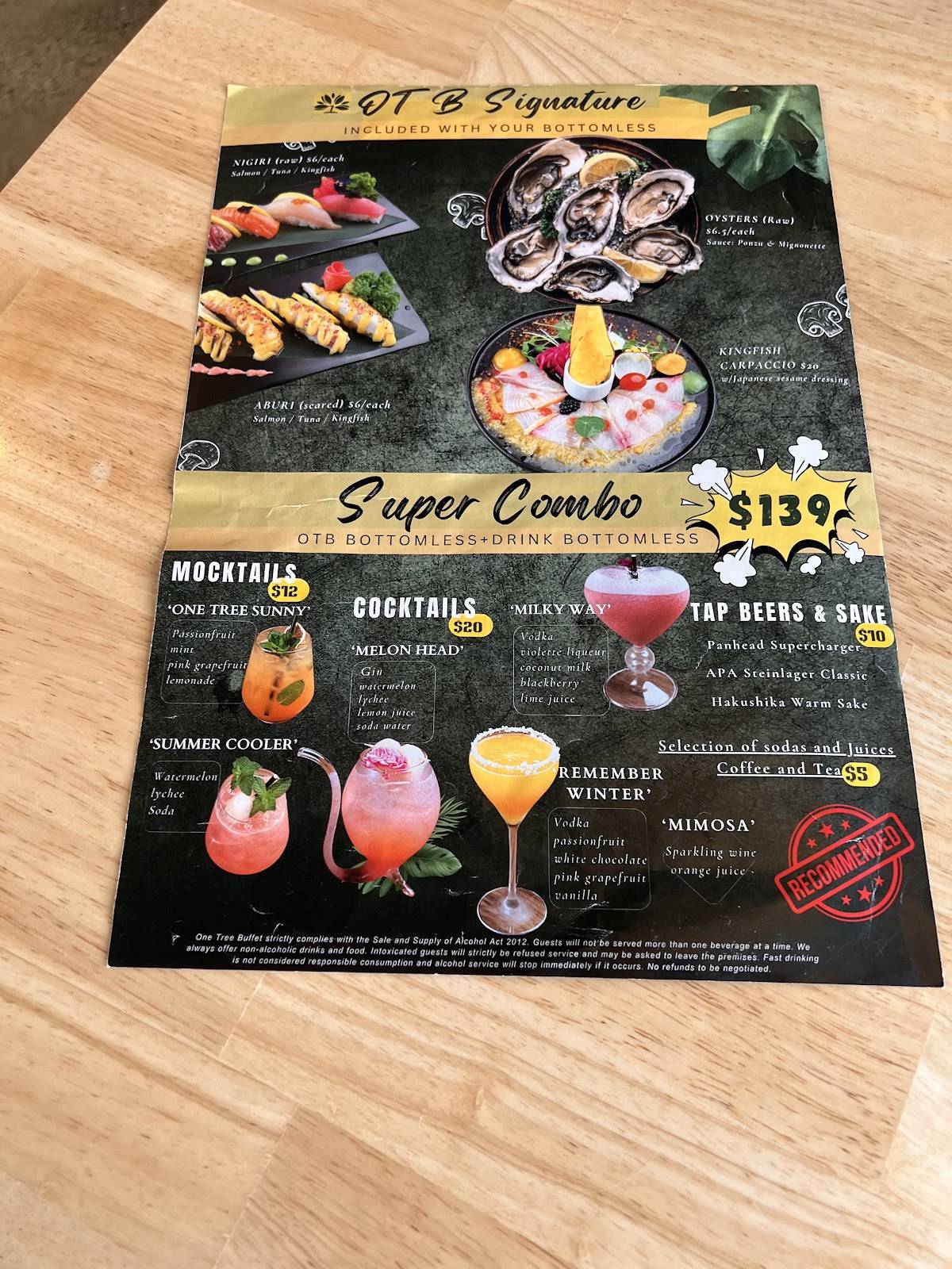 Menu at One Tree Buffet restaurant, Auckland