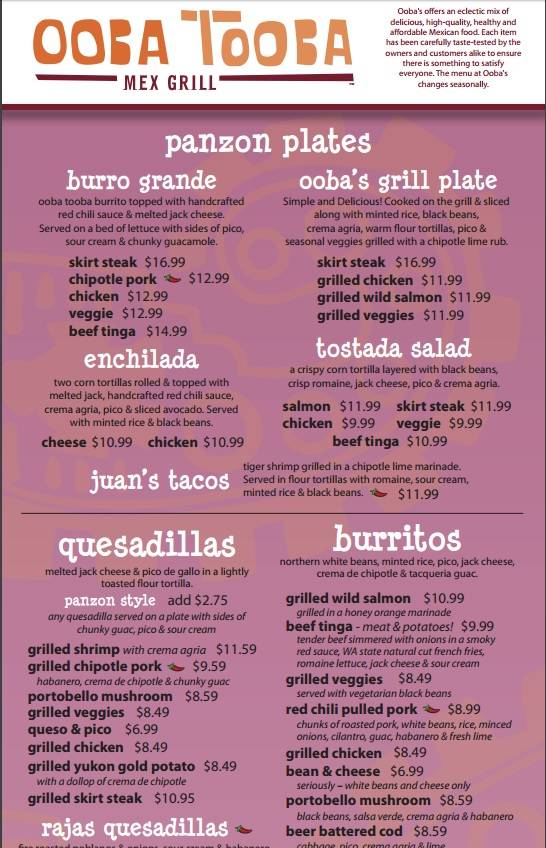 Menu at Ooba Tooba restaurant, Redmond, NE 83rd St