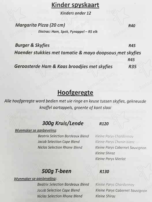 Menu at OPPIESTOEP Restaurant, Paarl, Jan Van Riebeeck Dr