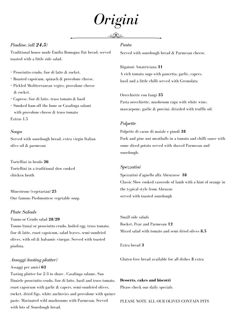Menu at Origini Cafe, Castlemaine