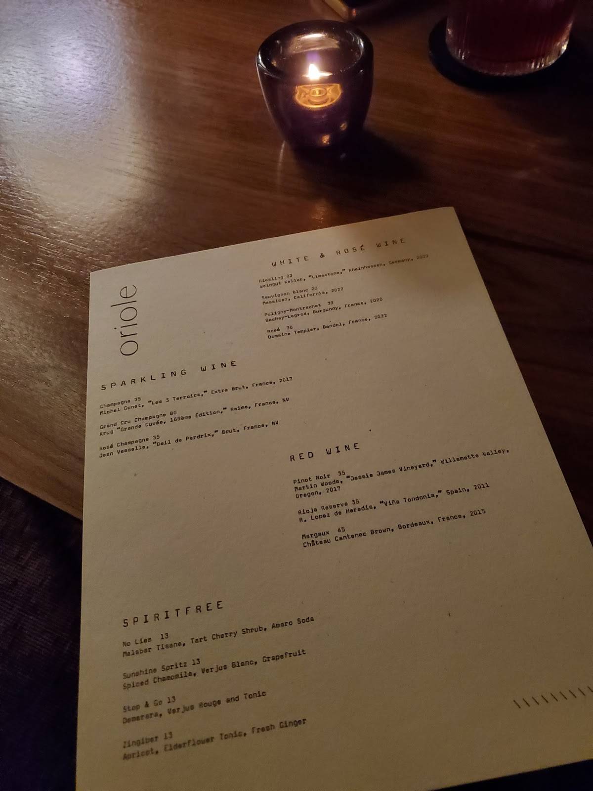 Menu at Oriole restaurant, Chicago