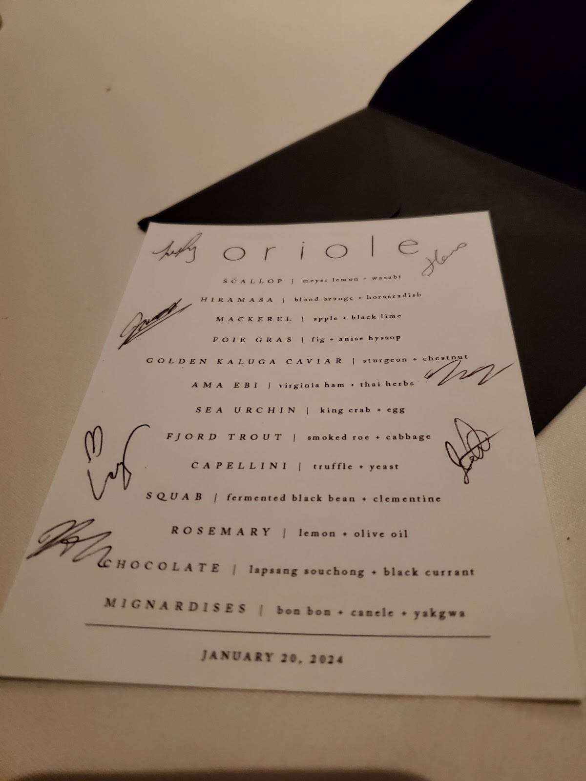 Menu at Oriole restaurant, Chicago