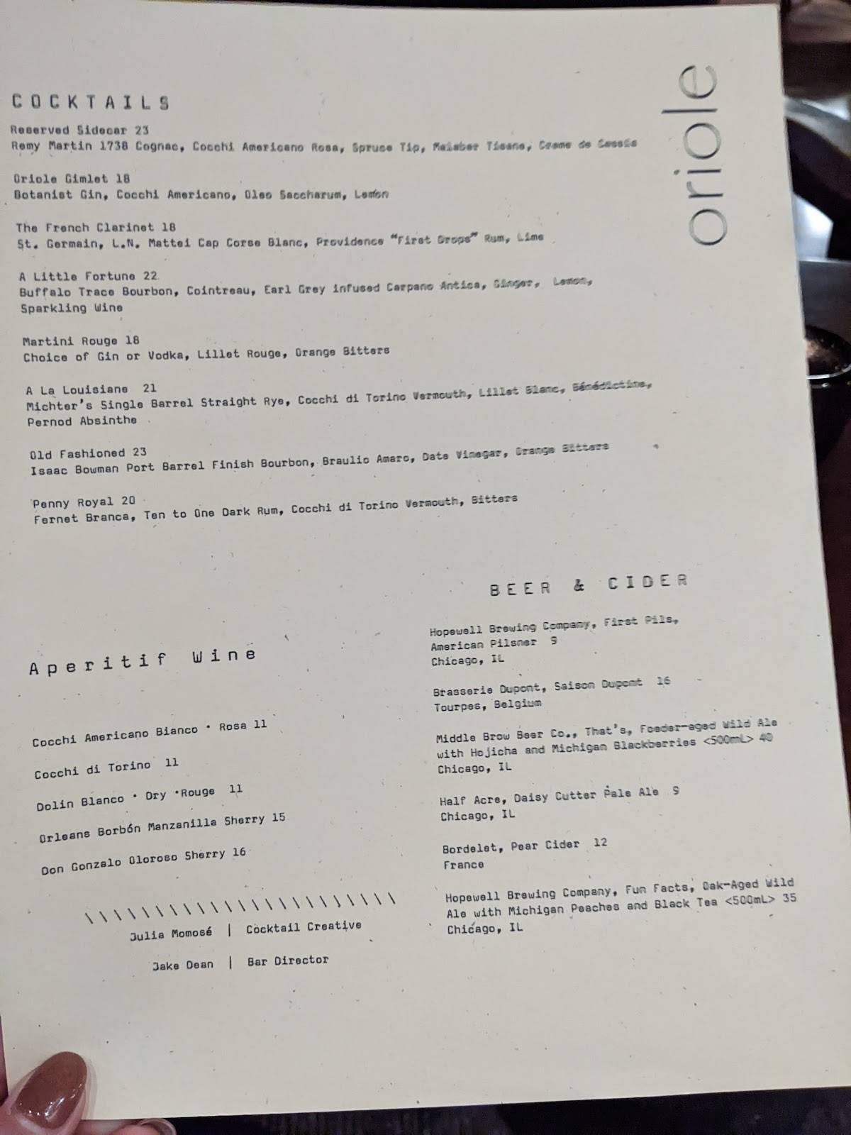 Menu at Oriole restaurant, Chicago