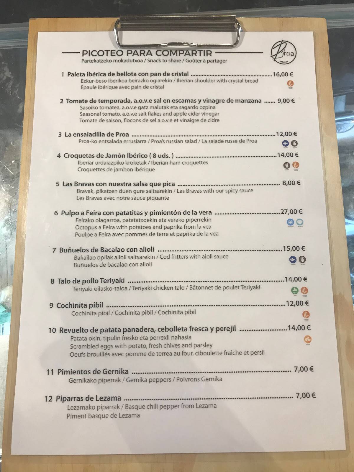 Carta del restaurante PROA Jatetxea, Baquio