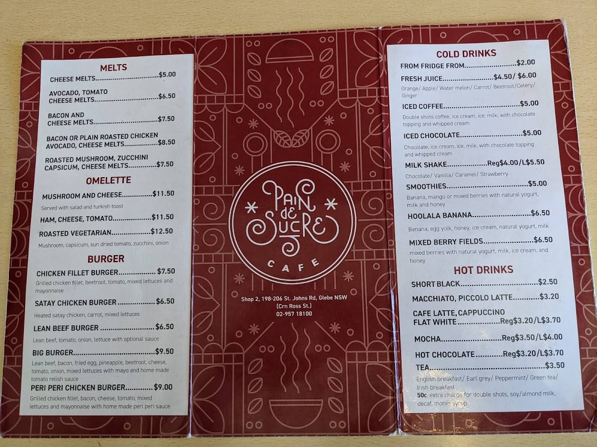 Menu at Pain De Sucre restaurant, Glebe