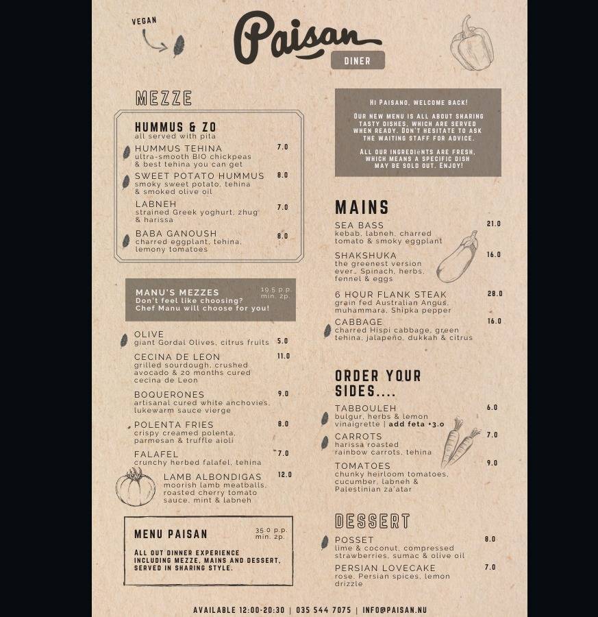 Menu at Paisan Mediterranean Kitchen, Hilversum
