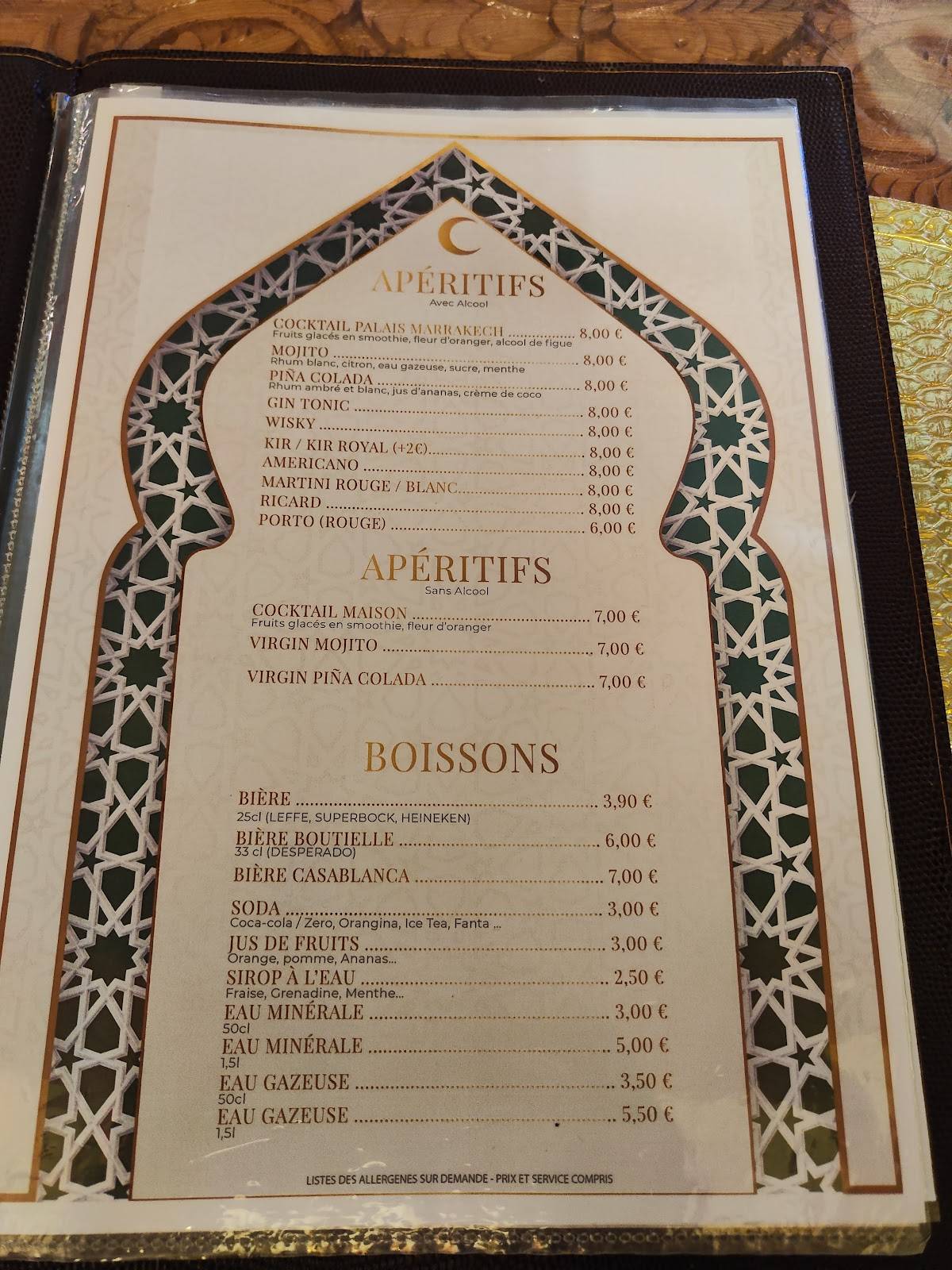 Menu au Palais Marrakech Biarritz restaurant, Biarritz