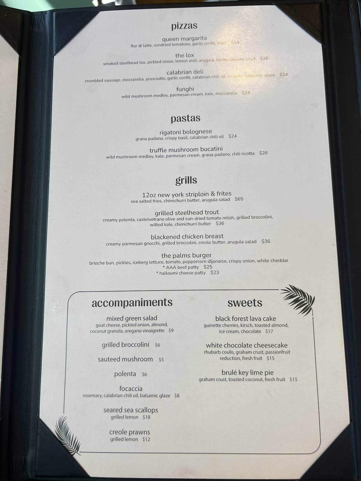 Menu at Palms Beach House pub & bar, Surrey