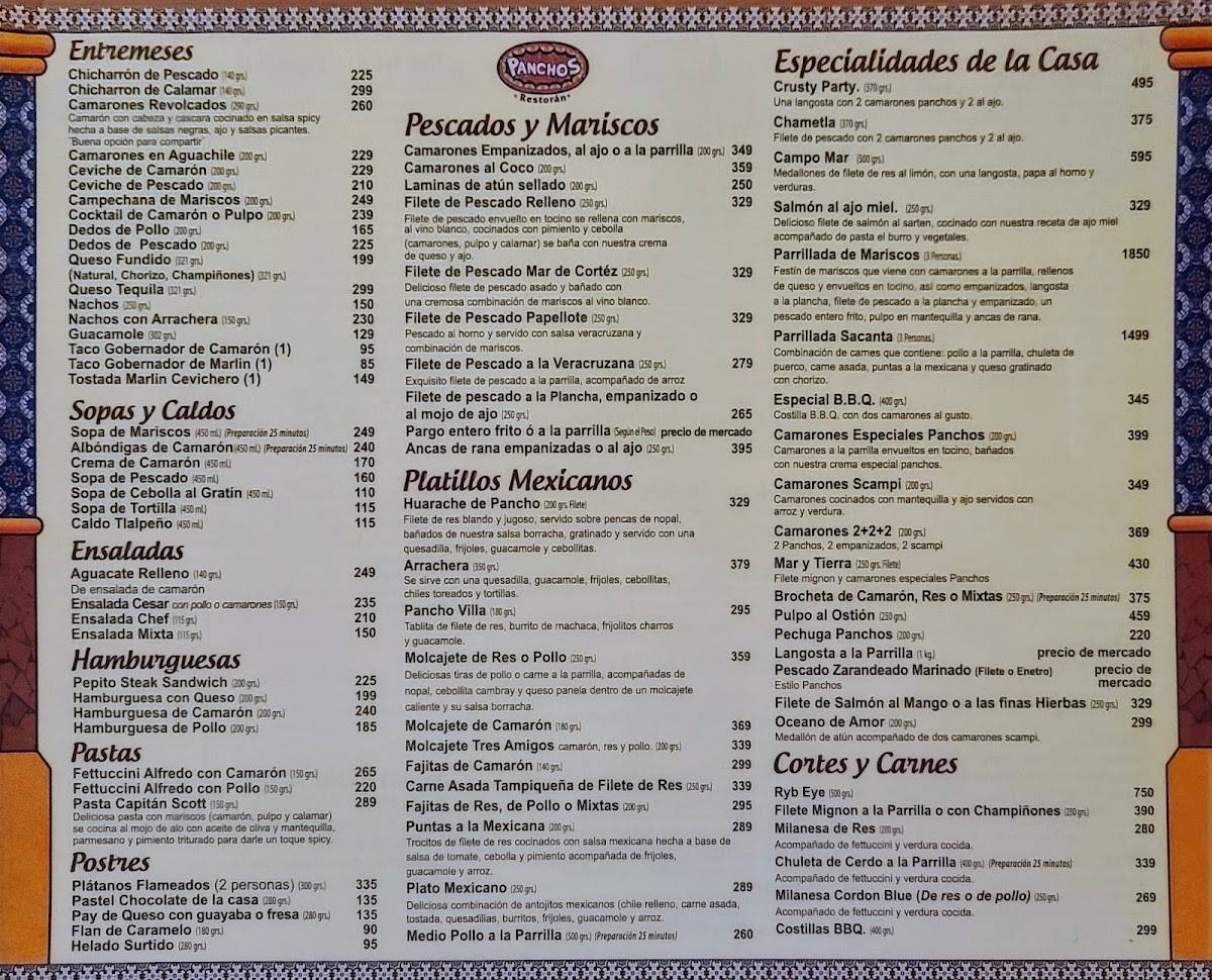 Menu at Restaurant Panchos, Mazatlán, Av. Camaron Sabalo 1614-B