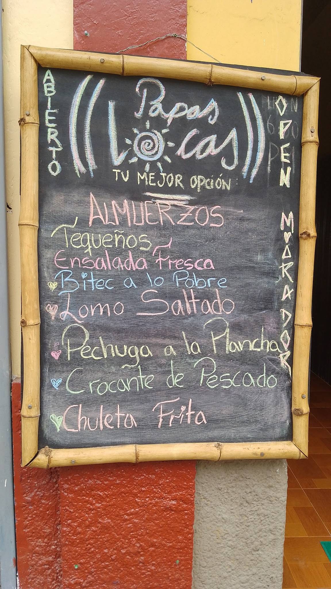 Carta del restaurante Papas Locas, Yurimaguas