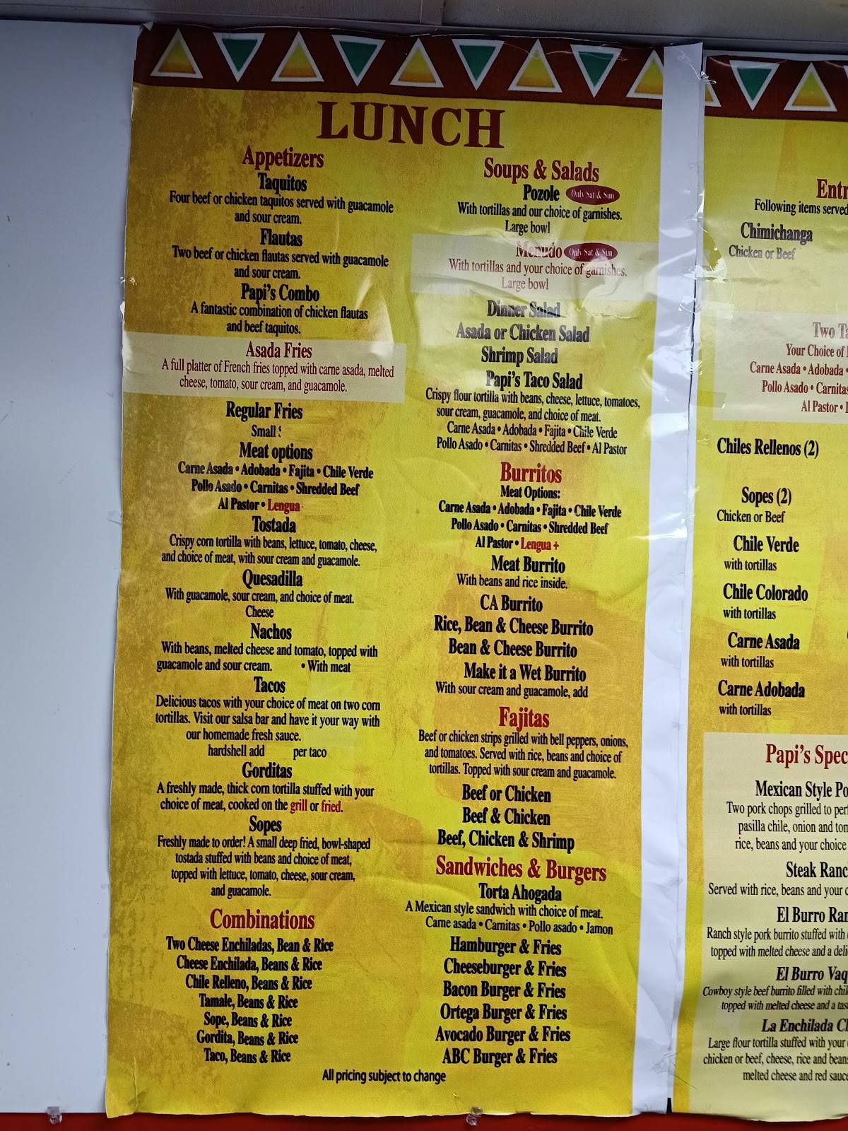 Menu at Papi's restaurant, Paso Robles