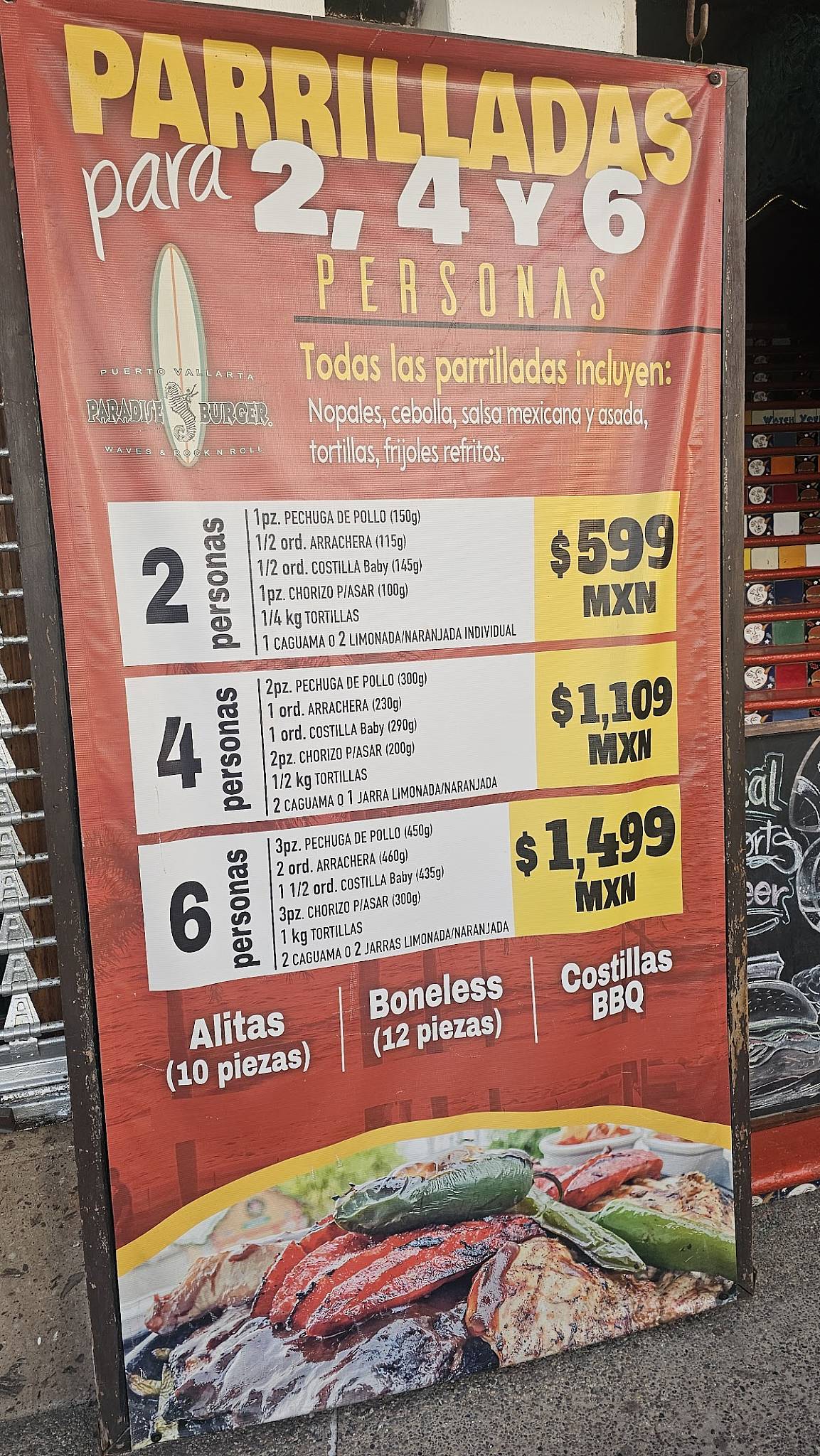Menu at Paradise Burger restaurant, Puerto Vallarta, Paseo Díaz Ordaz 740-A