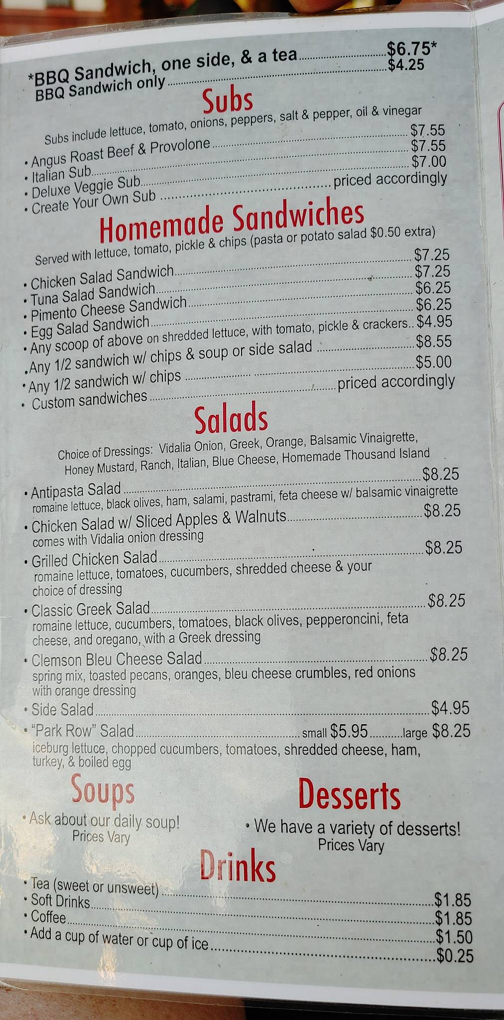 Menu at Park Row Market No. 1 restaurant, Edgefield