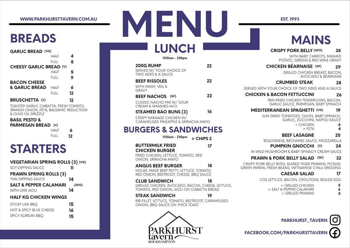 Menu at Parkhurst Tavern restaurant, Parkhurst