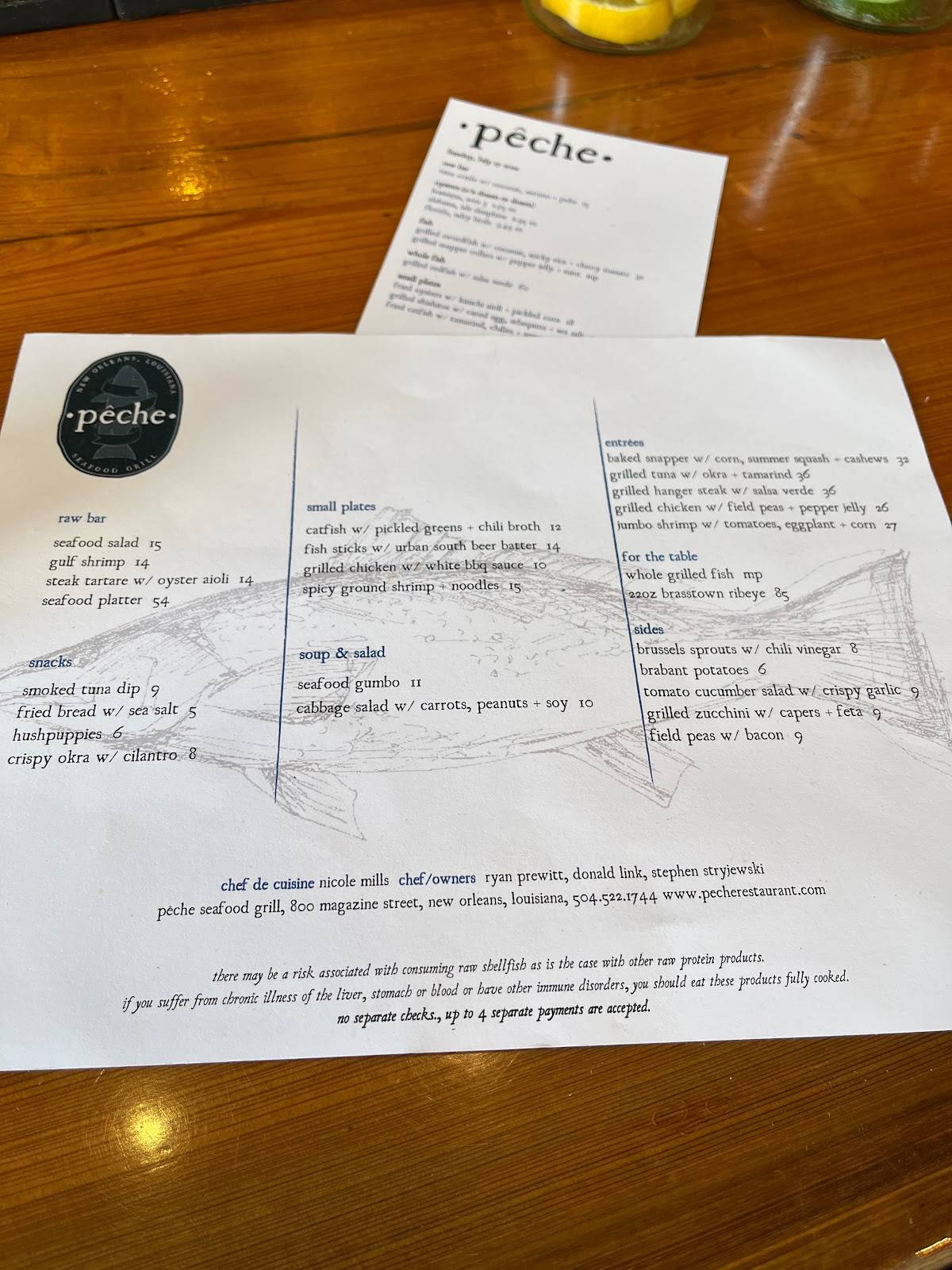 Menu at Pêche Seafood Grill restaurant, New Orleans