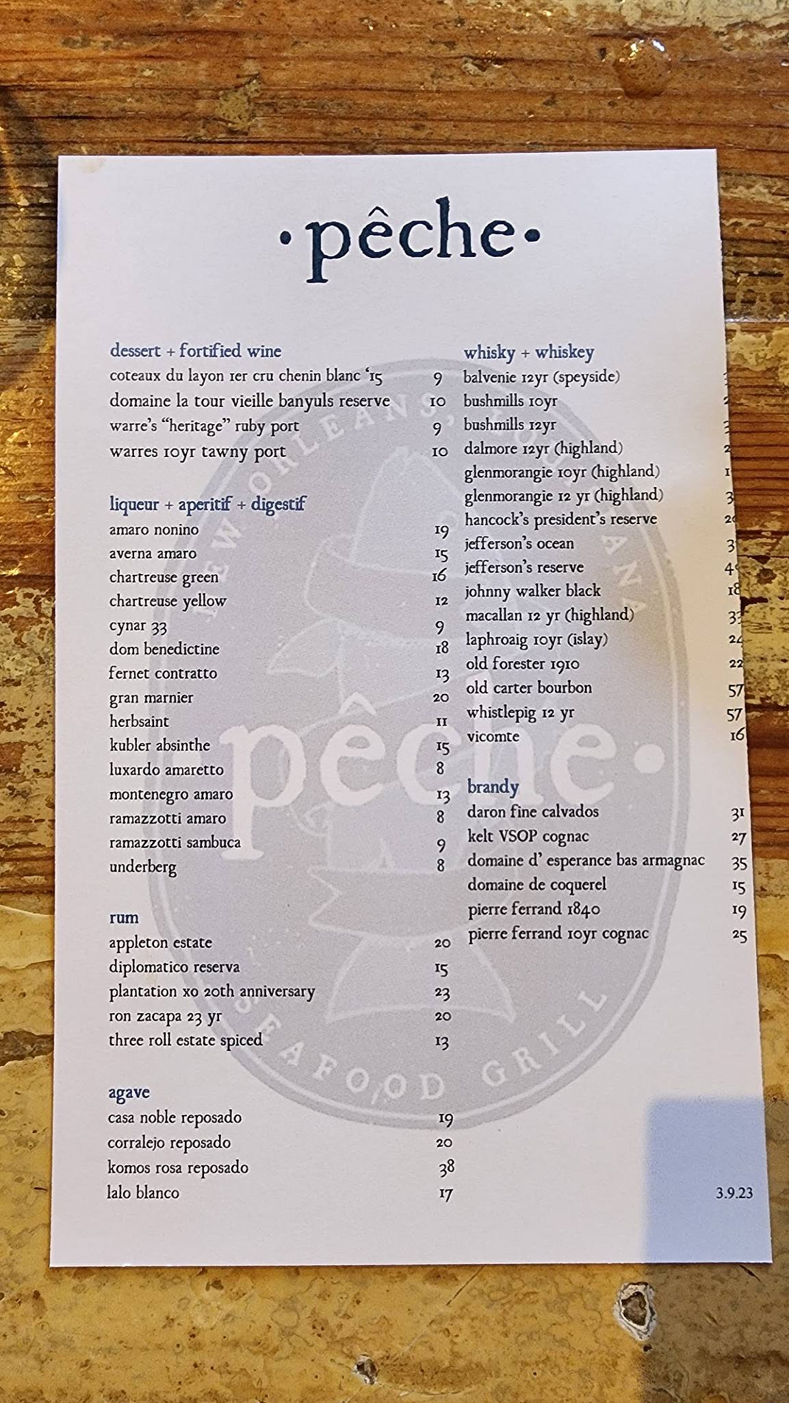 Menu at Pêche Seafood Grill restaurant, New Orleans