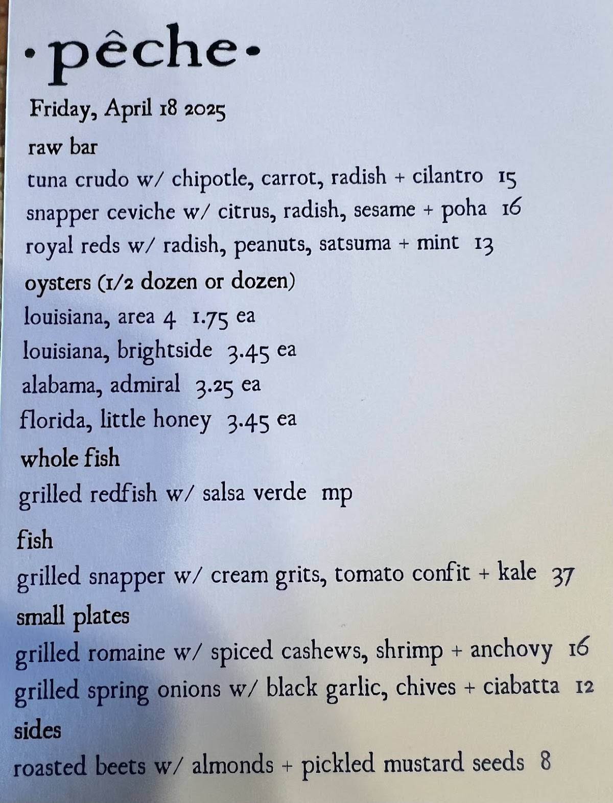 Menu at Pêche Seafood Grill restaurant, New Orleans
