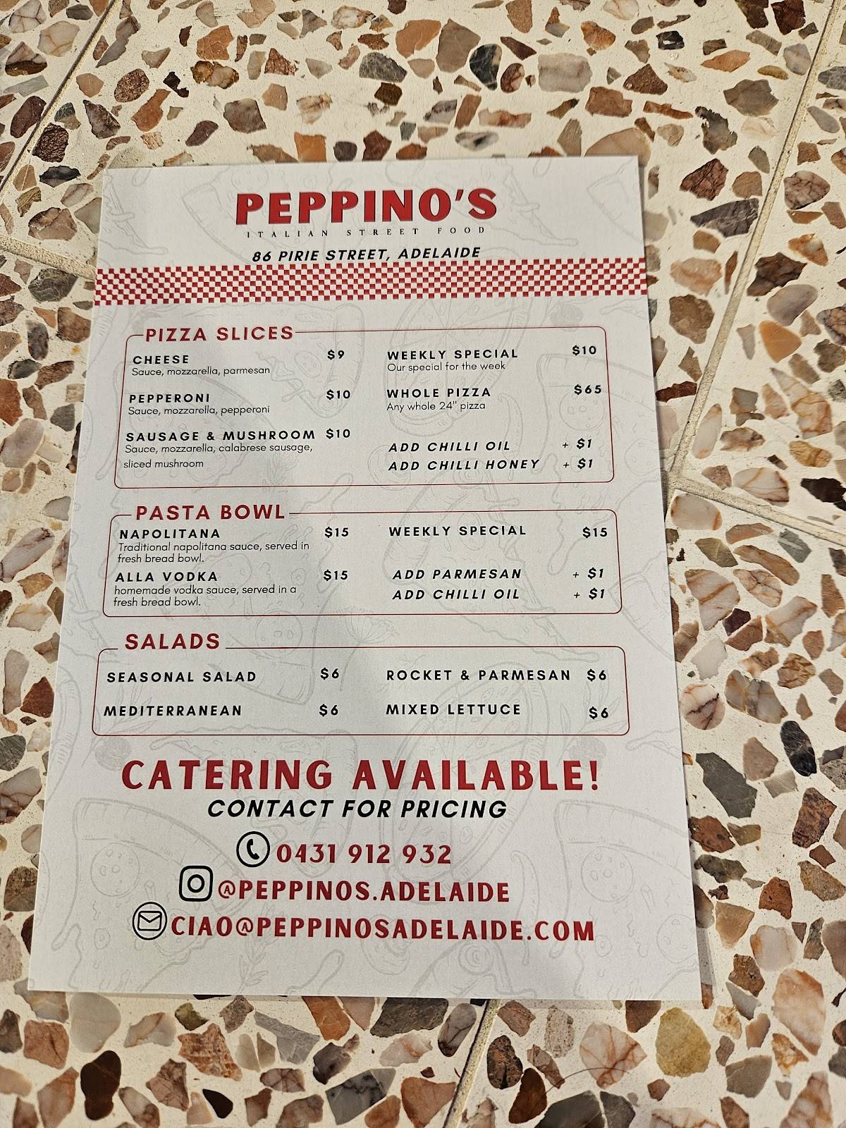 Menu at Peppino's Italian Street Food restaurant, Adelaide