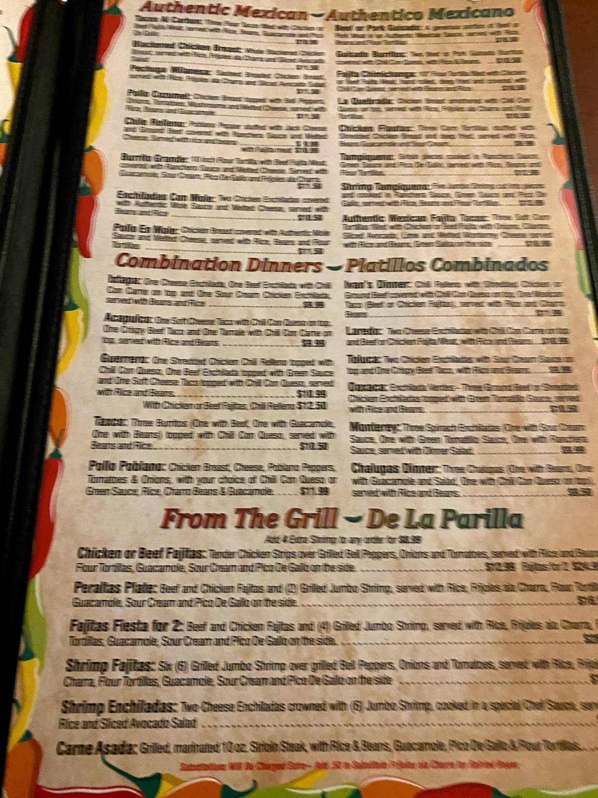 Menu at Peralta's Authentic Mexican Restaurant, Quitman