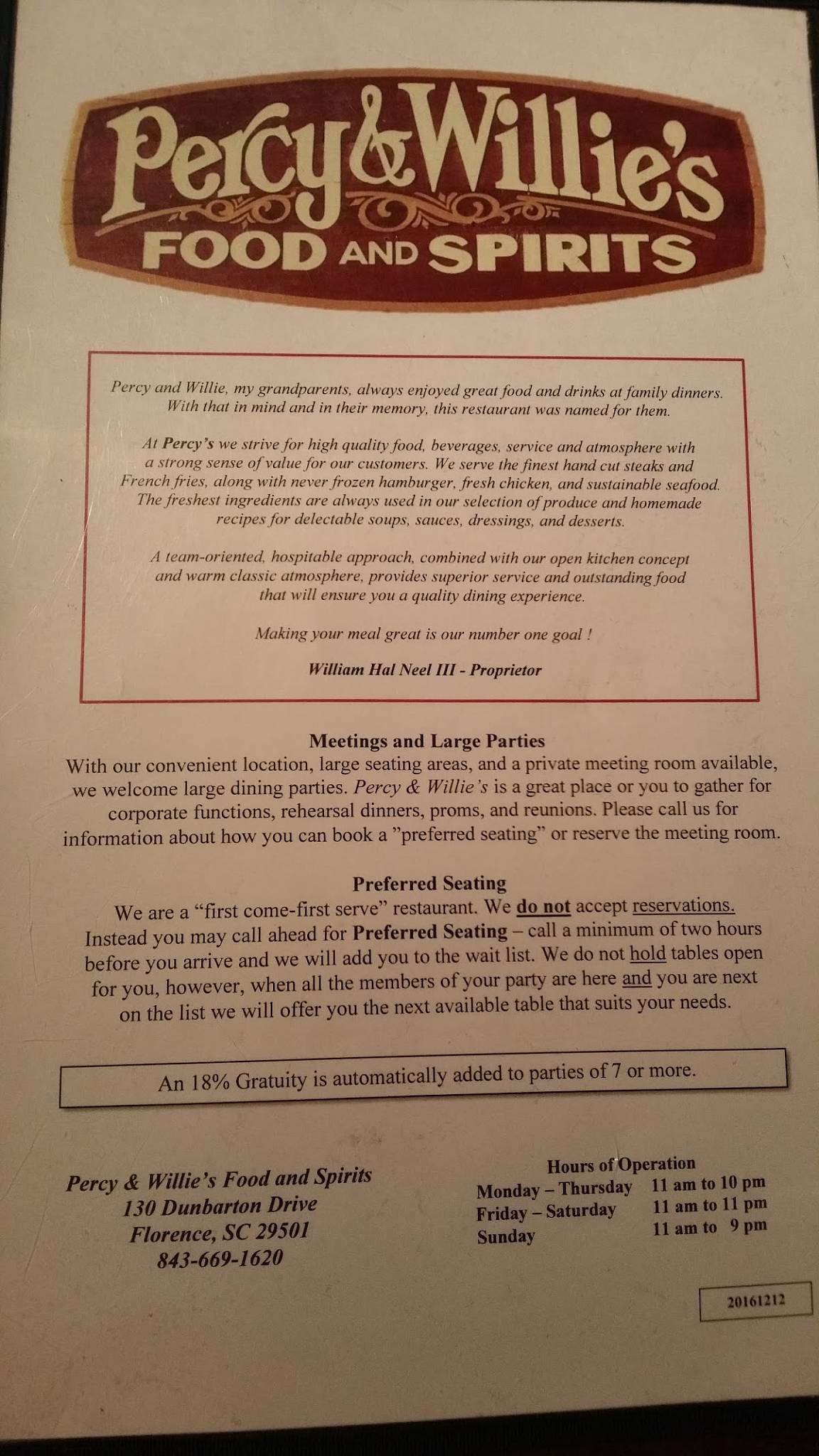Menu at Percy & Willies restaurant, Florence, 130 Dunbarton Dr