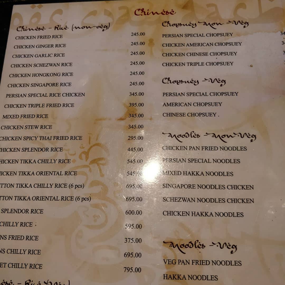 Menu at Persian Darbar, Mumbai, Moray Mahal