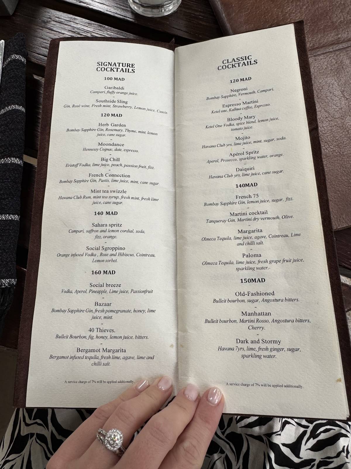 Menu at Petanque Social Club, Marrakesh