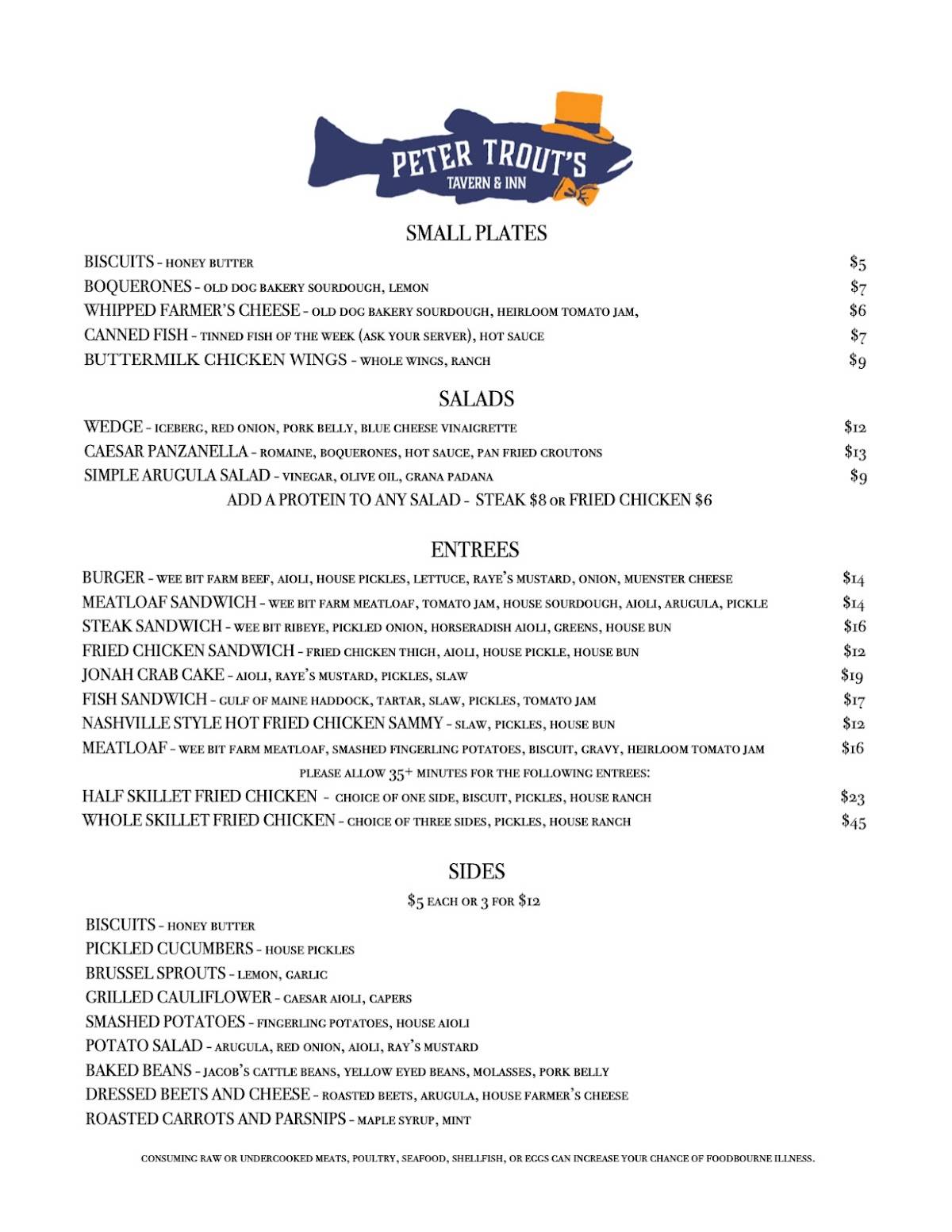 Menu at Peter Trout's Tavern and Inn restaurant, Southwest Harbor