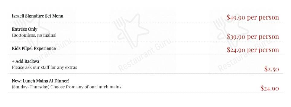 Menu at Pilpel Restaurant, Redcliffe