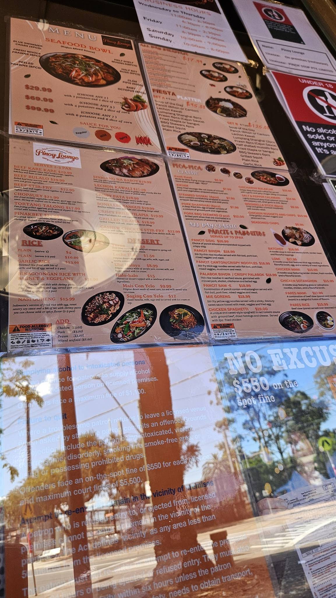 Menu at Pinoy Lounge restaurant, Doonside