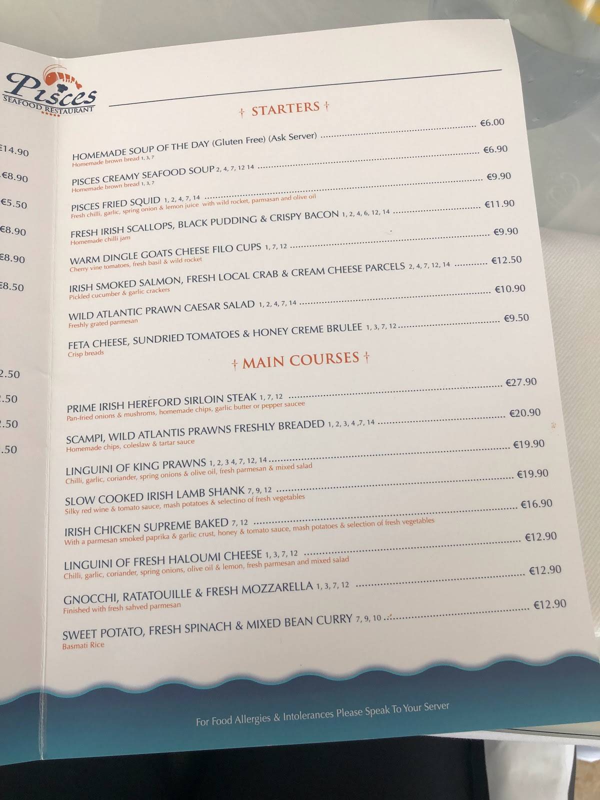 Menu at Pisces Restaurant, Castlegregory