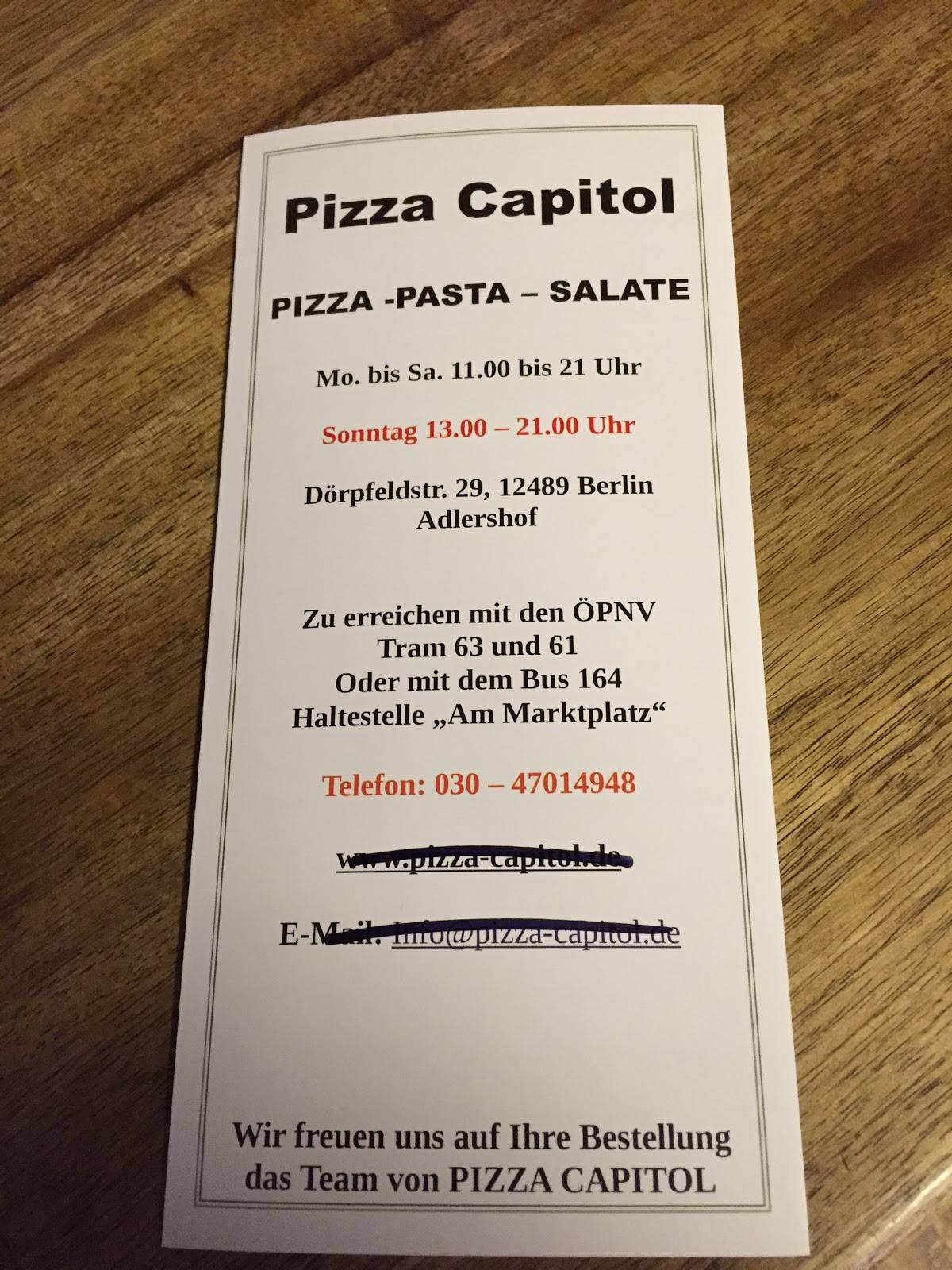 Speisekarte von Pizza Capitol, Berlin