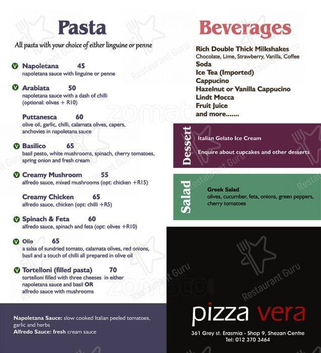 Menu at Pizza Vera restaurant, Centurion