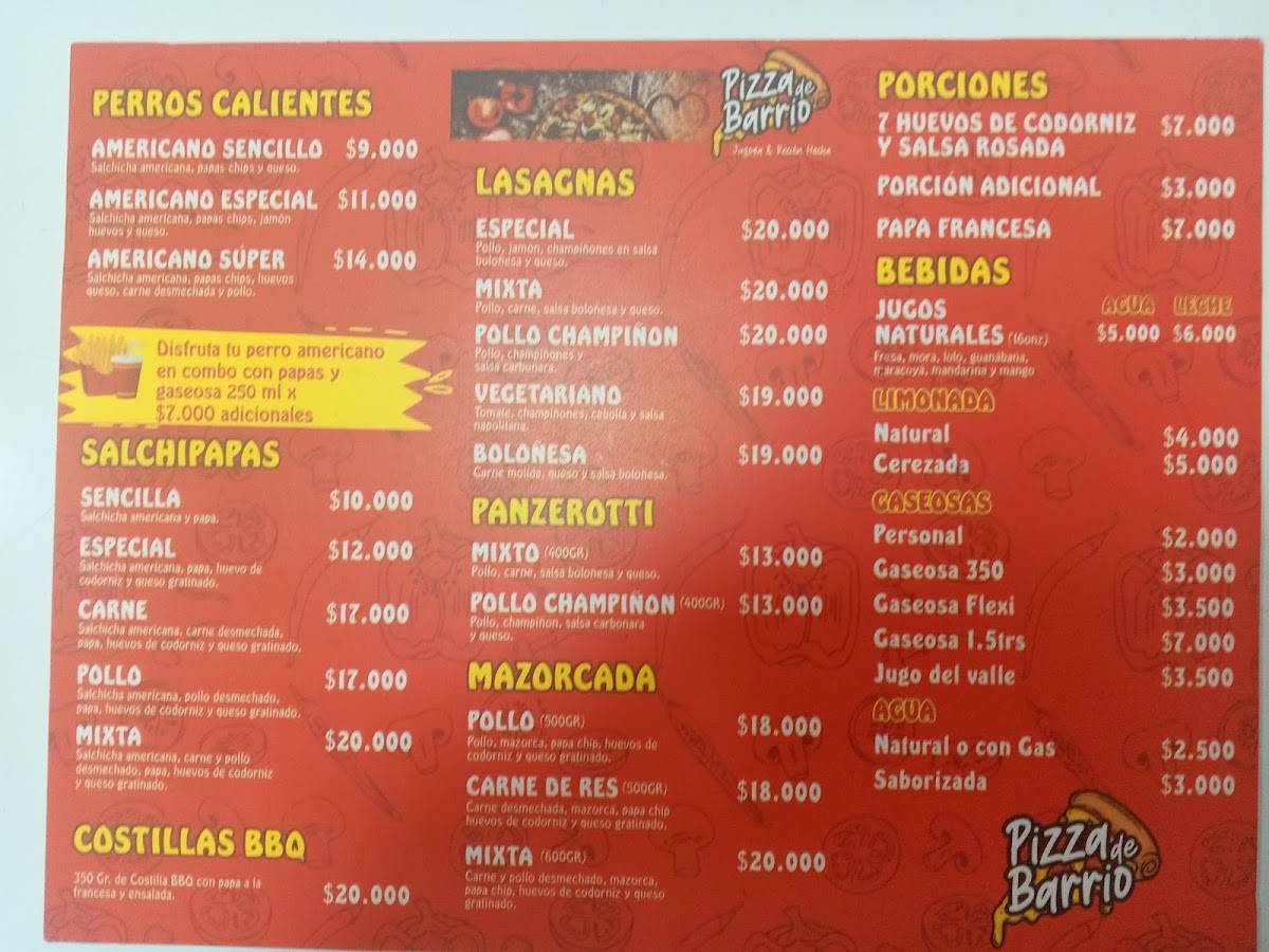 Carta de Pizza de barrio, Bogotá