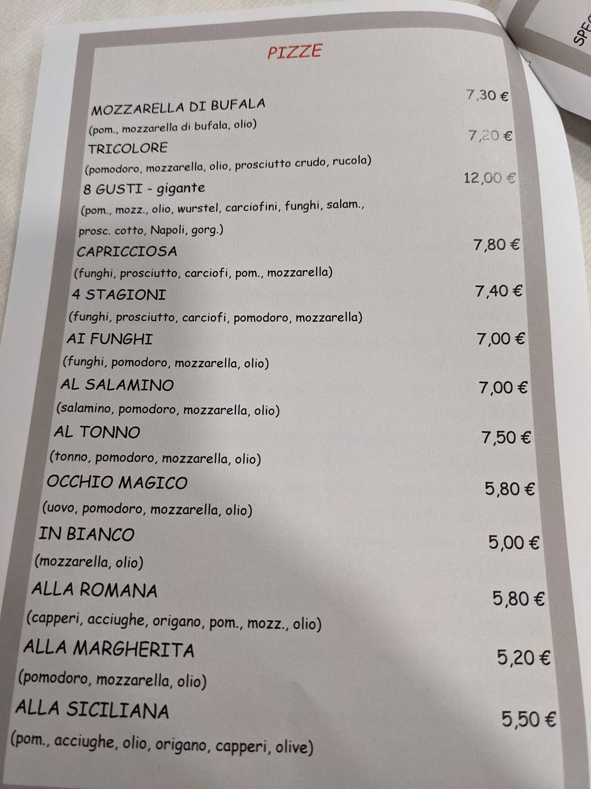 Menu da Pizzeria Ristorante Al Veliero, Parma