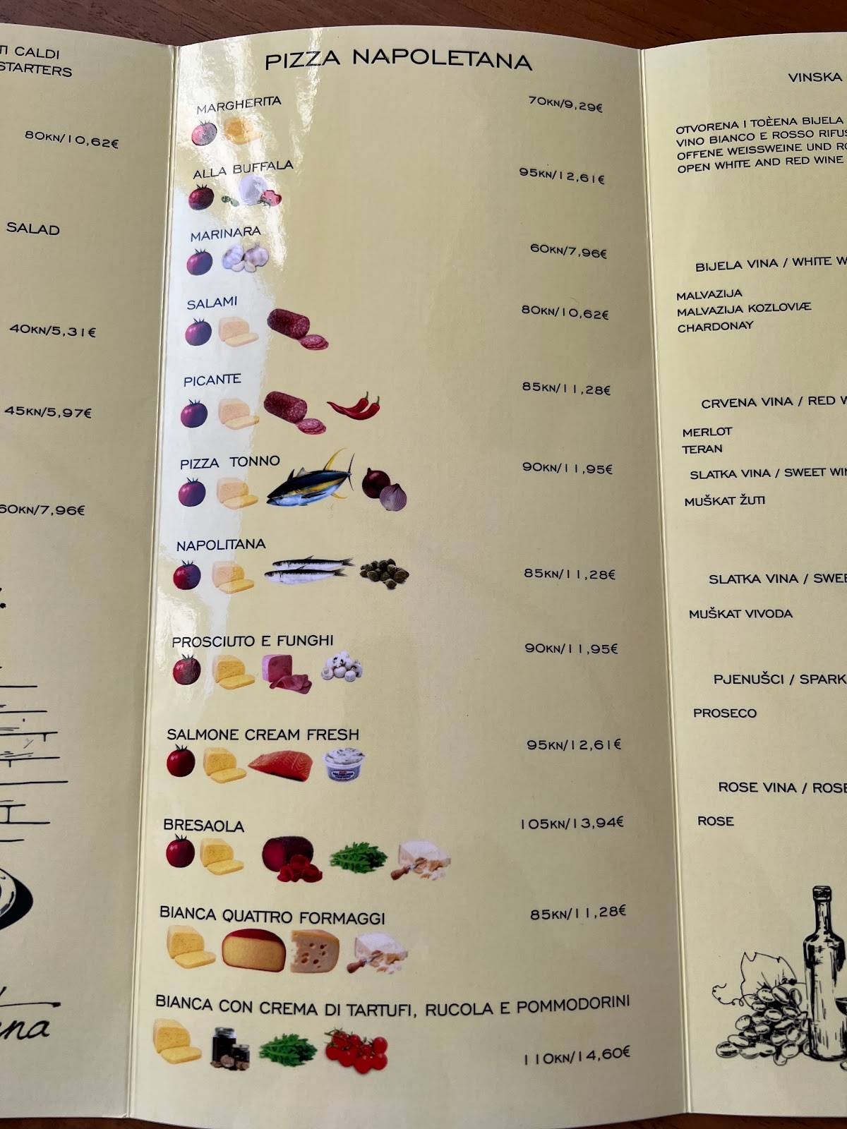 Carta de Pizzeria Stari Grad Rovinj, Rovinj