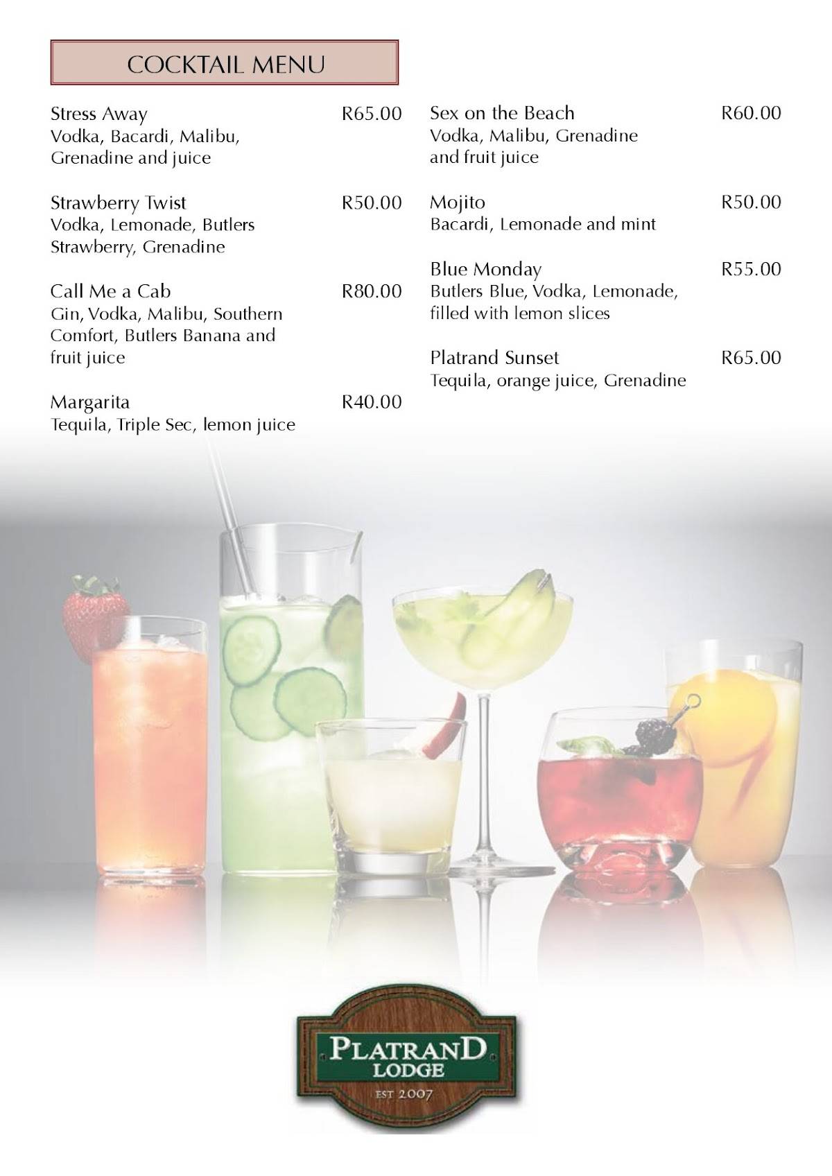 Menu at Platrand Lodge restaurant, Ladysmith