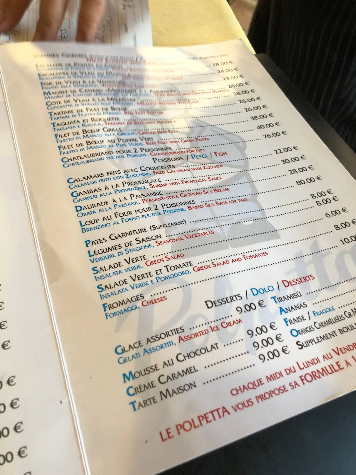 Menu at Polpetta restaurant, Monaco-Ville, 2 Rue Paradis