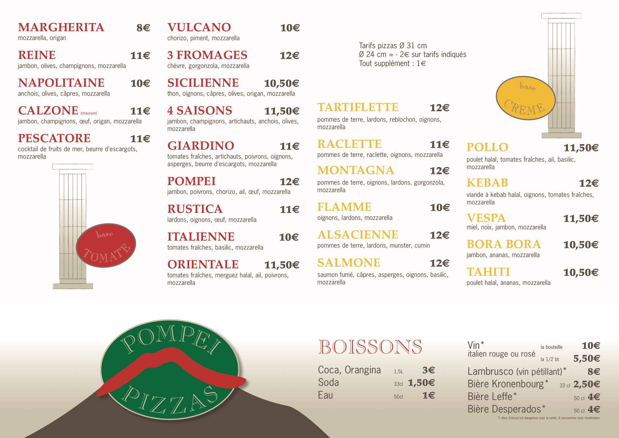 Menu au Pompei Pizzas restaurant, Pompey