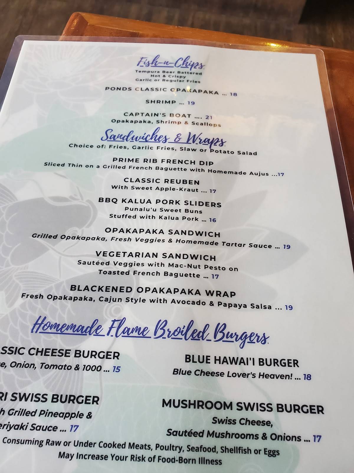 Menu at Ponds Hilo restaurant, Hilo
